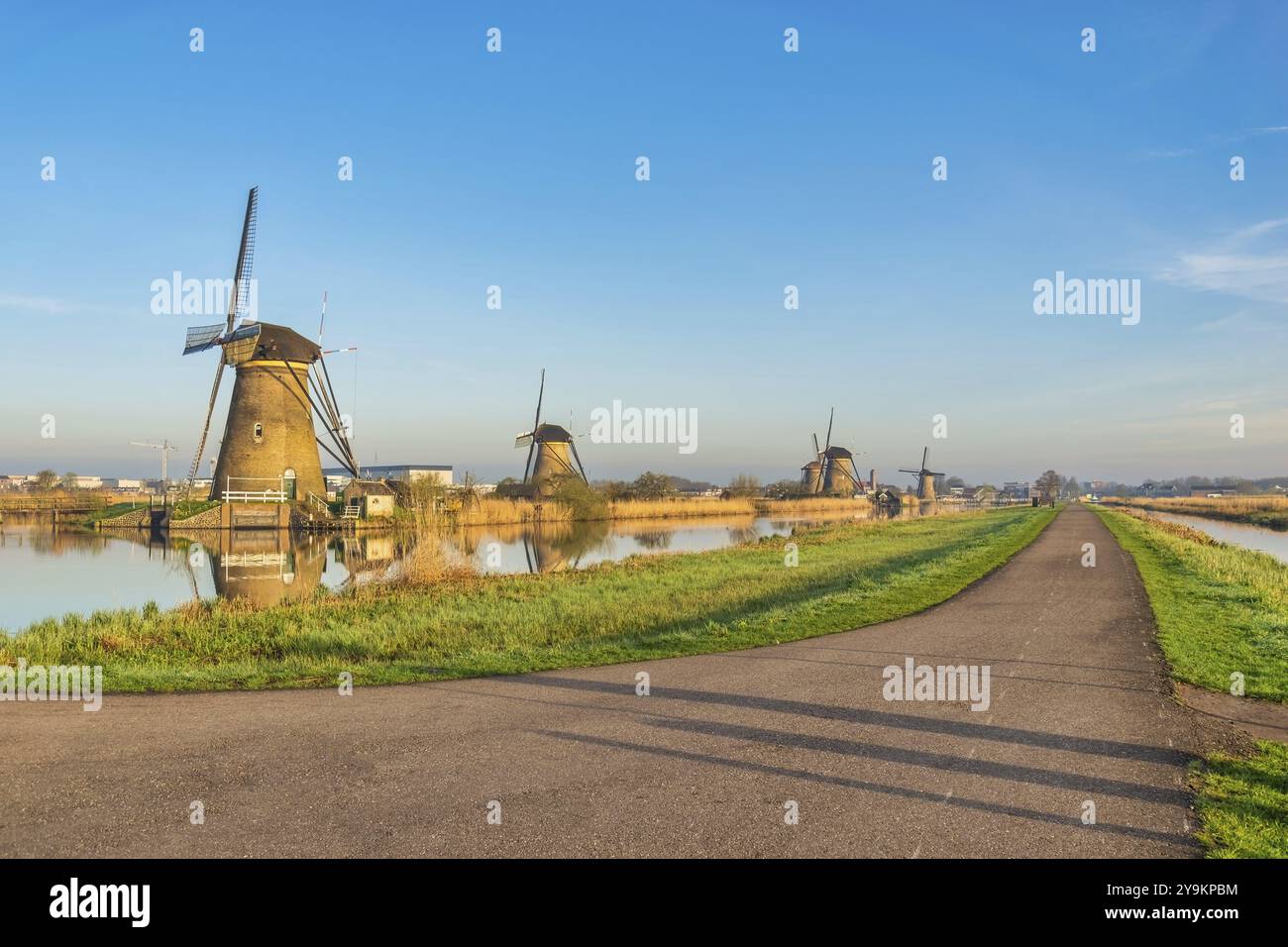 Dutch Windmill landscape at Kinderdijk Village Netherlands Stock Photo ...