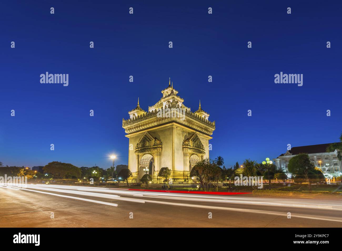 Vientiane Laos, night city skyline at Patuxai (Patuxay) the most famous landmark in Vientiane ...