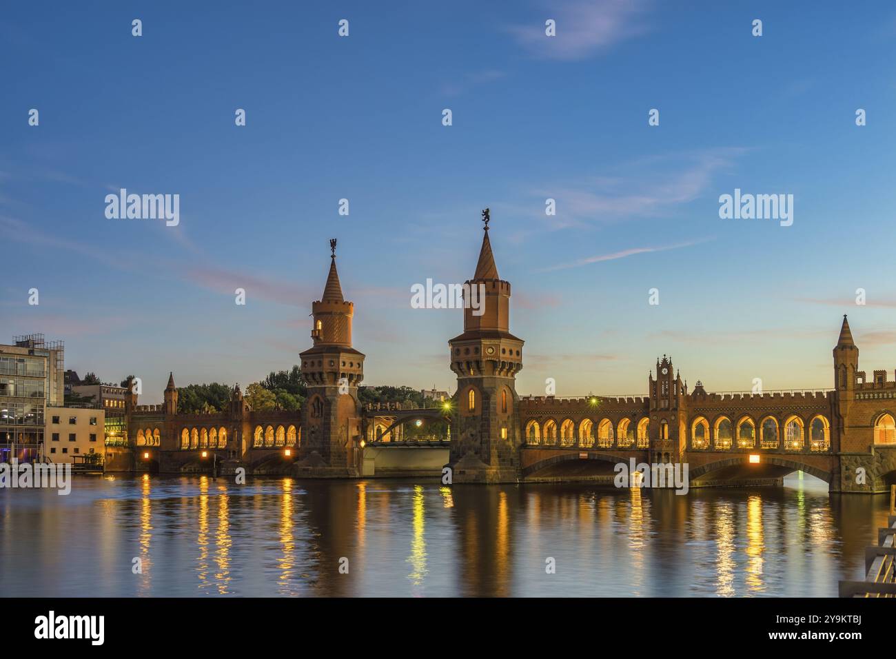 Berlin Germany, sunset city skyline at Oberbaum Bridge and Spree River ...