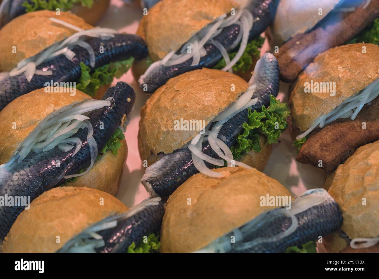 Hamburg, Germany, fish burger in shop at famous Hamburg fish market ...