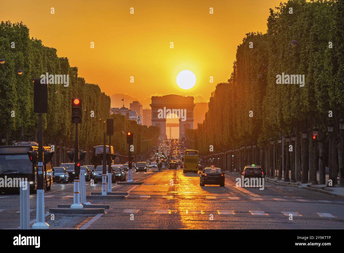 Paris France, city skyline sunset at Arc de Triomphe and Champs Elysees ...