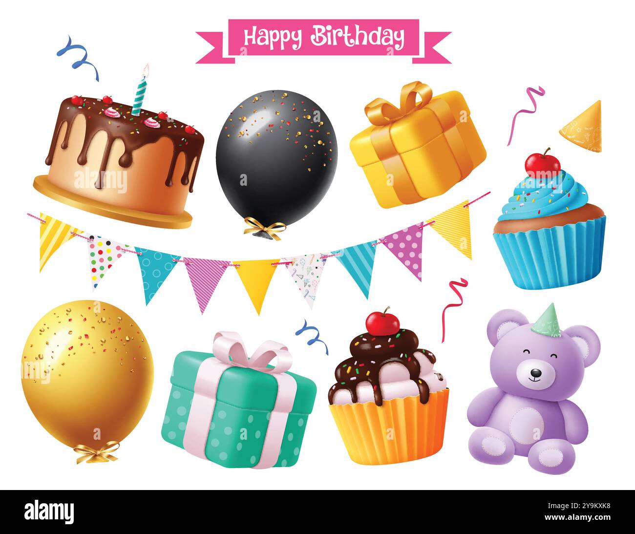 Birthday elements vector set design. Happy birthday greeting text with ...