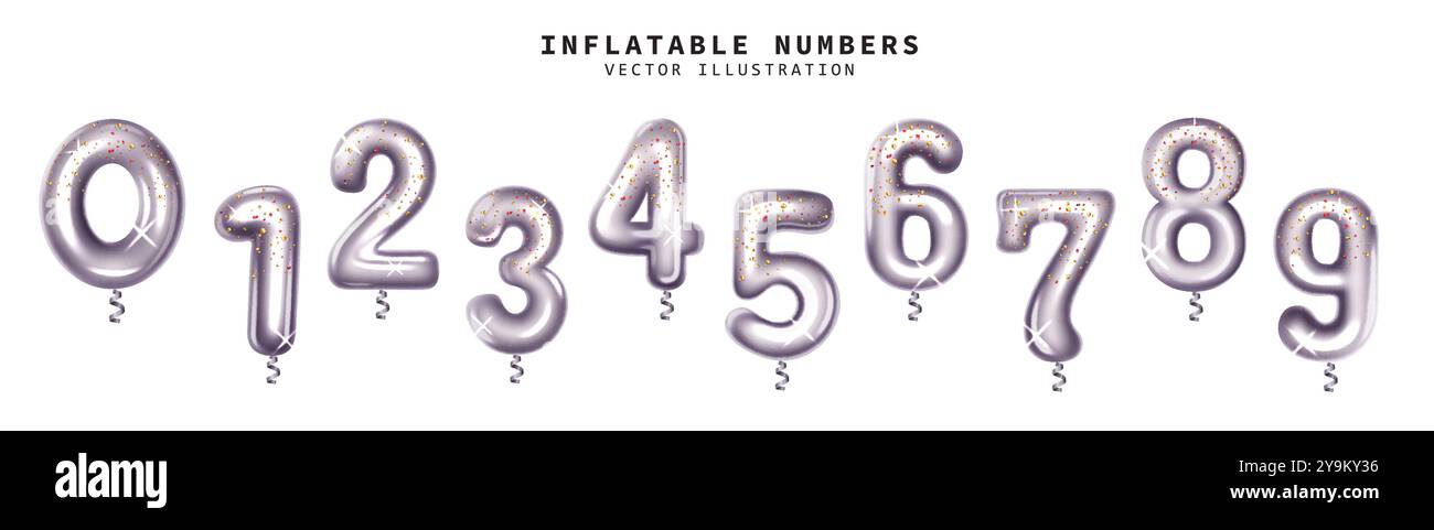 Balloons silver number vector set design. Inflatable balloon numbers ...