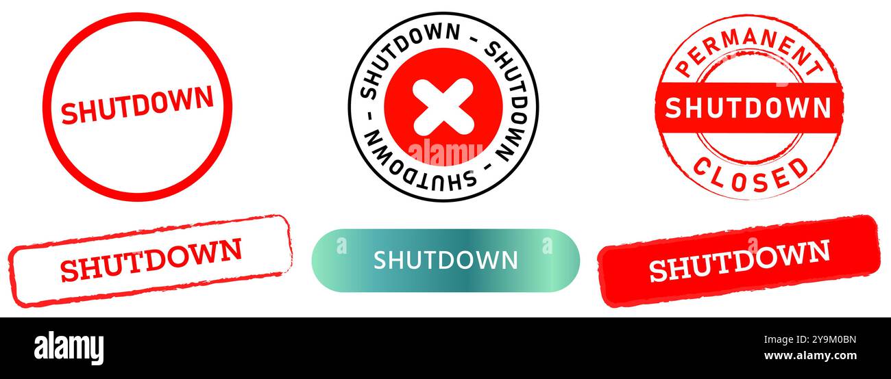 Shutdown closedown turn off stamps red green black badges sticker label ...