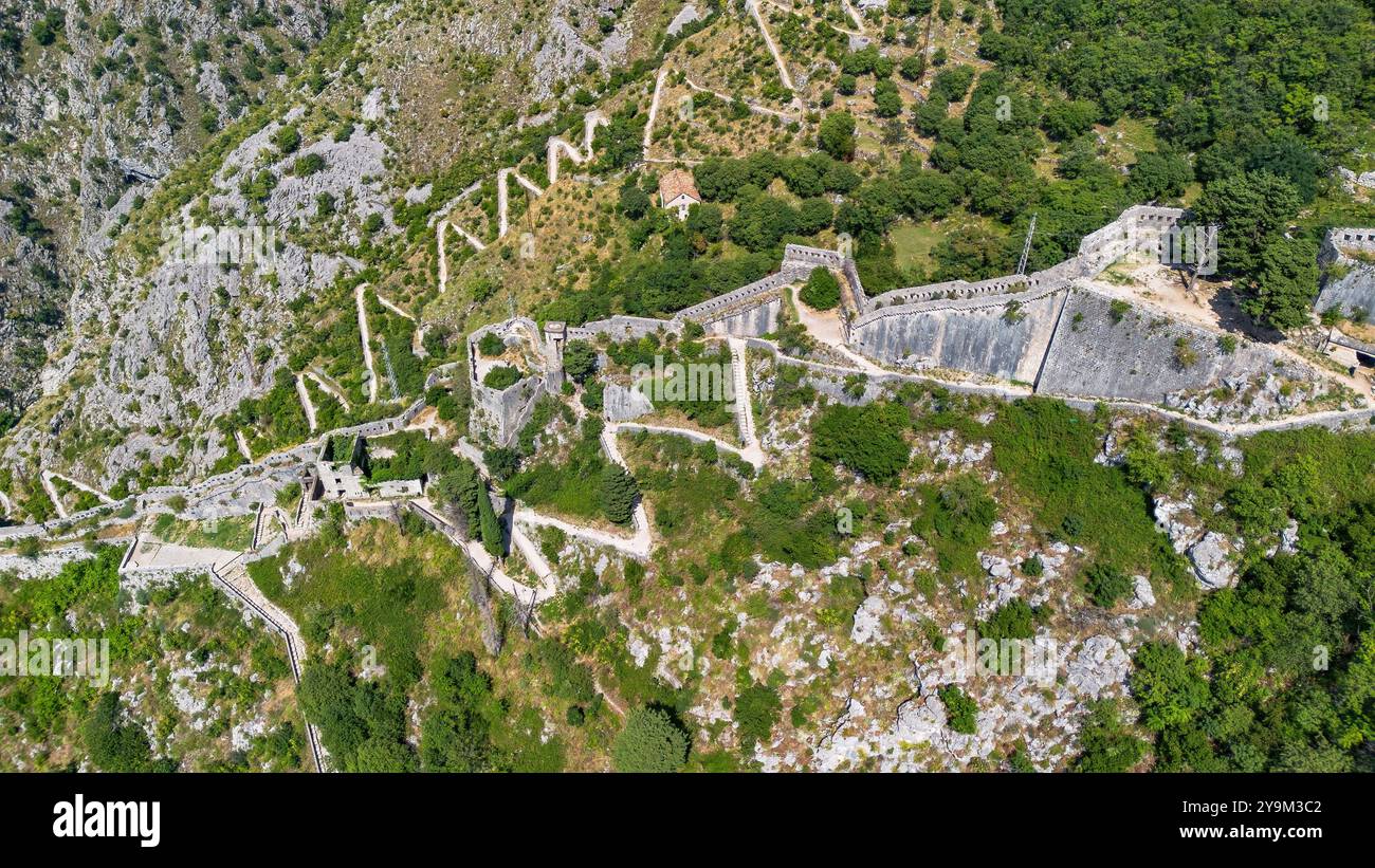 Aerial view of the ladder of Kotor, a stairway leading up to the ...