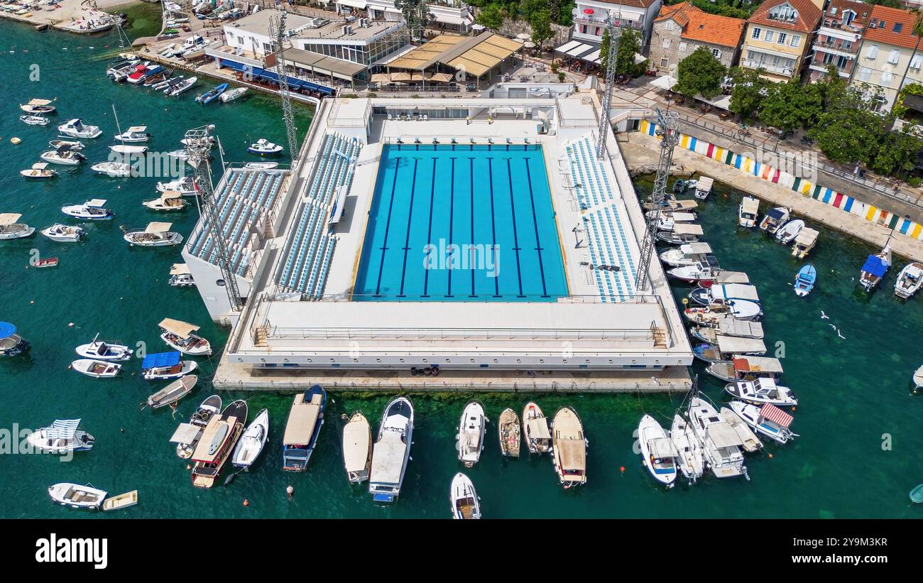 Aerial view of Jadran, a swimming pool in the marina of Herceg Novi, a ...