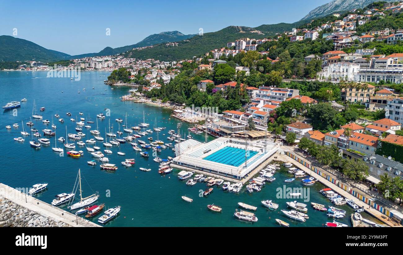 Aerial view of Jadran, a swimming pool in the marina of Herceg Novi, a ...