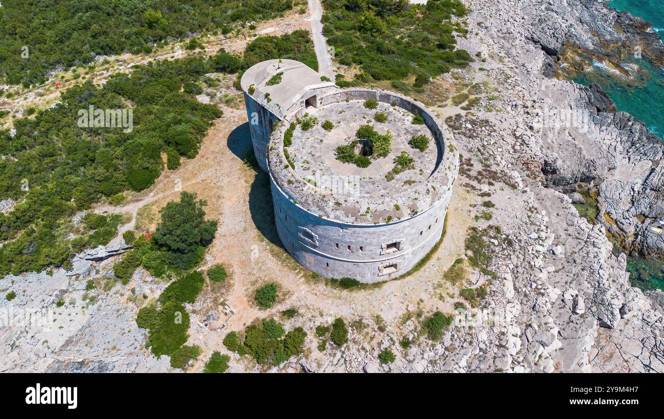 Aerial view of the Arza Fortress on the Cape of Arza at the end of the ...