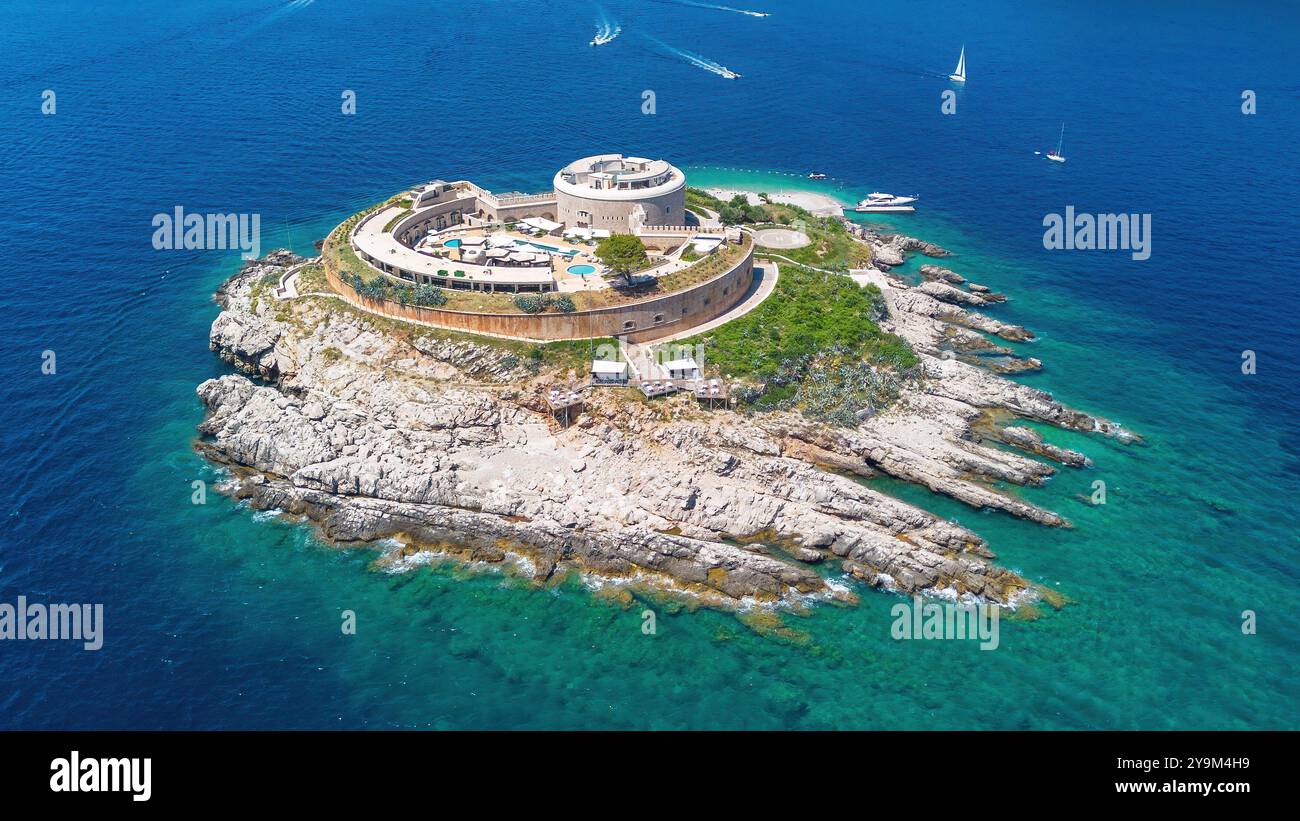 Aerial view of the Lastavica Fortress on Mamula Island at the entrance ...
