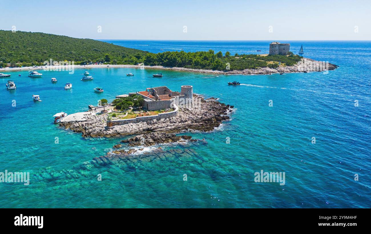 Aerial view of the ruins of the Žanjicе Monastery on Otočić Gospa islet ...