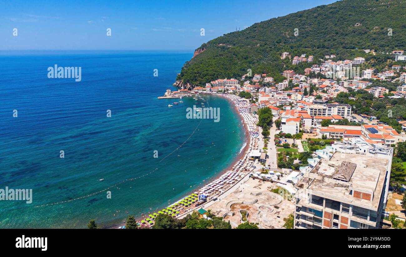 Aerial view of the beach of Petrovac na Moru, a resort town located on ...