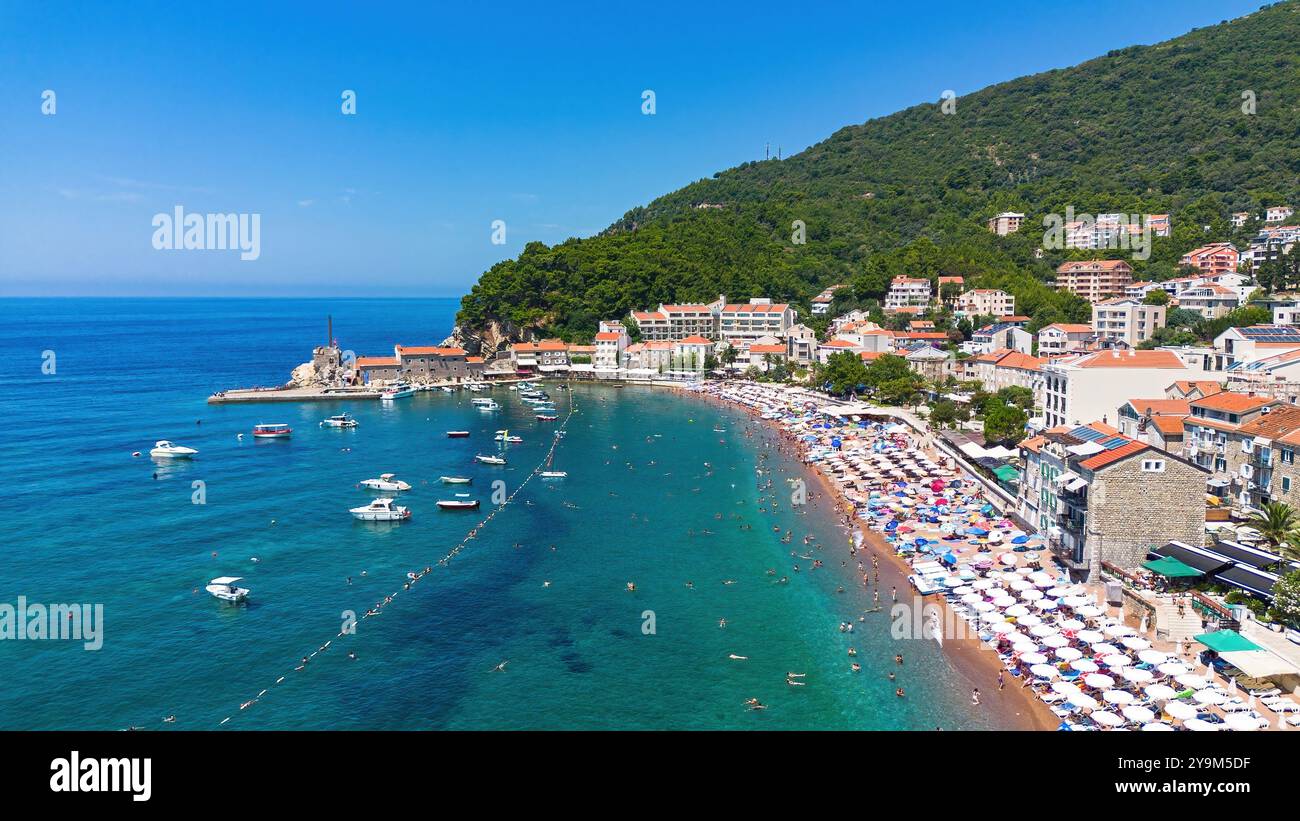Aerial view of the beach of Petrovac na Moru, a resort town located on ...
