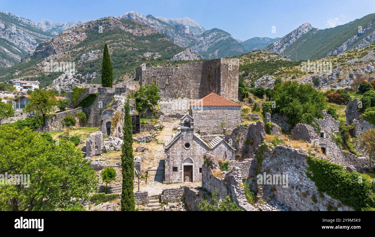 Aerial view of Stari Bar (Old Town of Bar), the ruins of an ancient ...