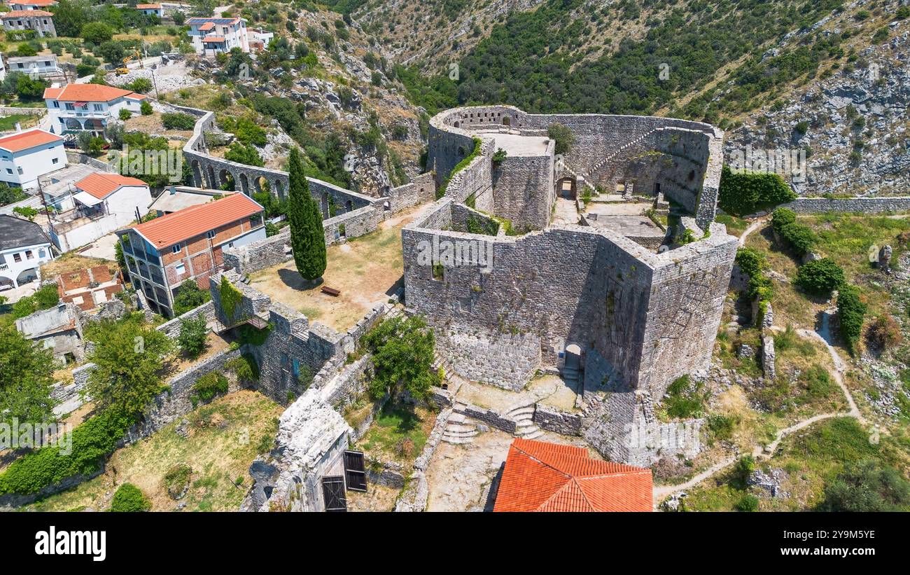 Aerial view of the citadel of Stari Bar (Old Town of Bar), the ruins of ...