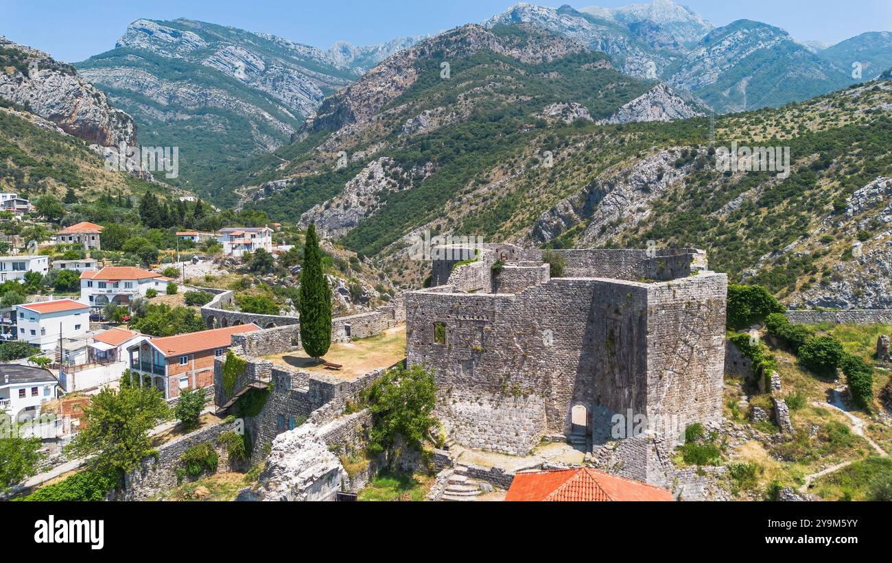 Aerial view of the citadel of Stari Bar (Old Town of Bar), the ruins of ...