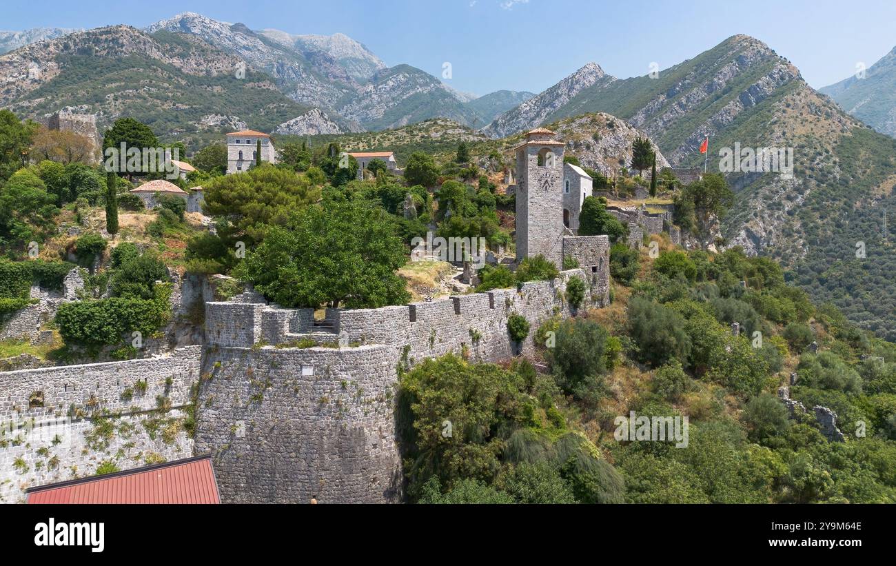 Aerial view of the clock tower of Stari Bar (Old Town of Bar), located ...