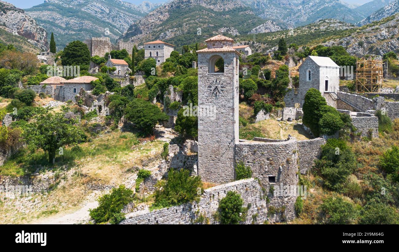Aerial view of the clock tower of Stari Bar (Old Town of Bar), located ...