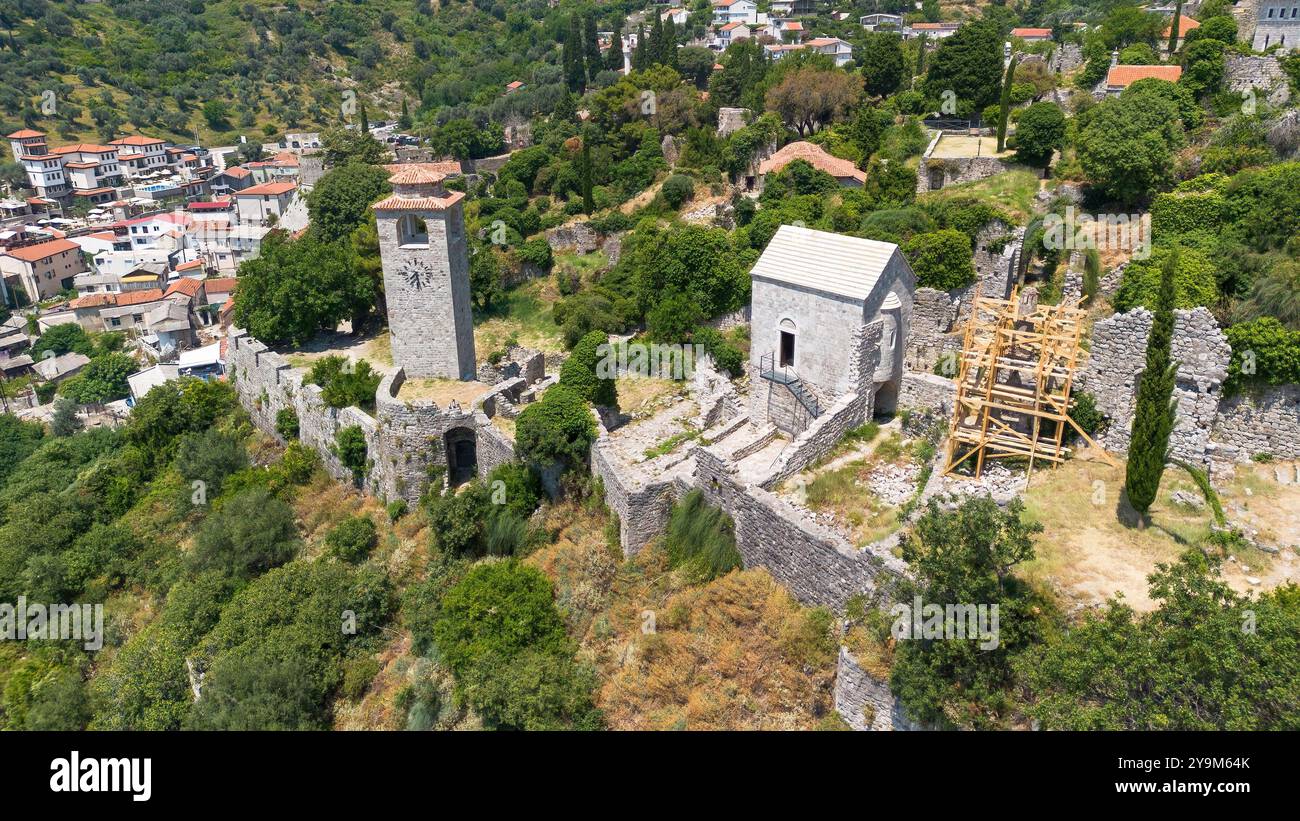 Aerial view of the clock tower of Stari Bar (Old Town of Bar), located ...