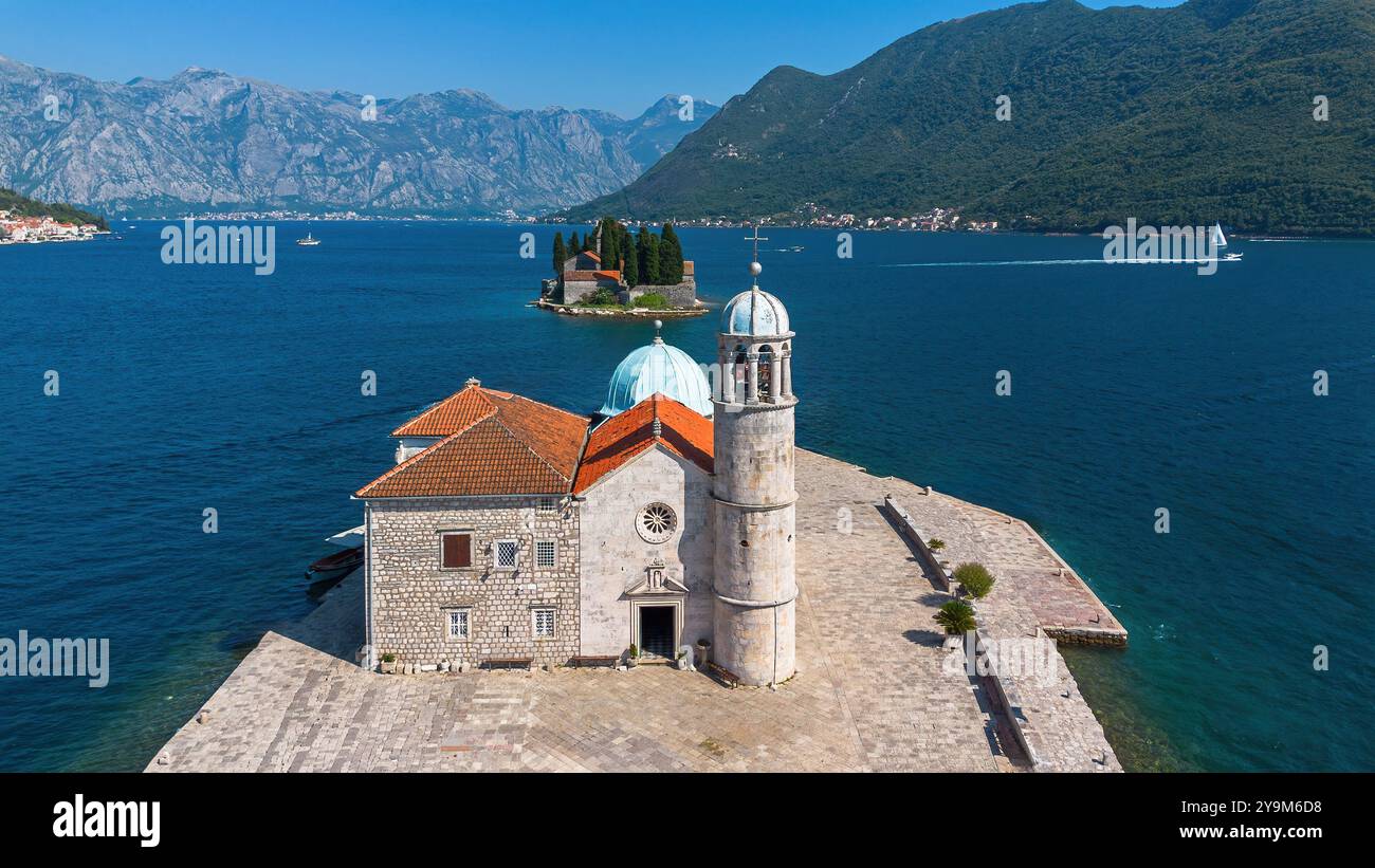 Aerial view of the artificial island of Our Lady of the Rocks (Gospa od ...