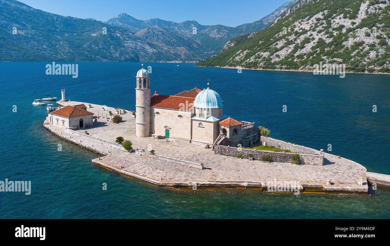 Aerial view of the artificial island of Our Lady of the Rocks (Gospa od ...
