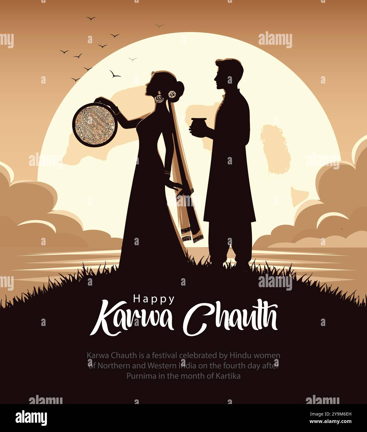 Indian Hindu Festival happy Karva Chauth background with couple doing ...