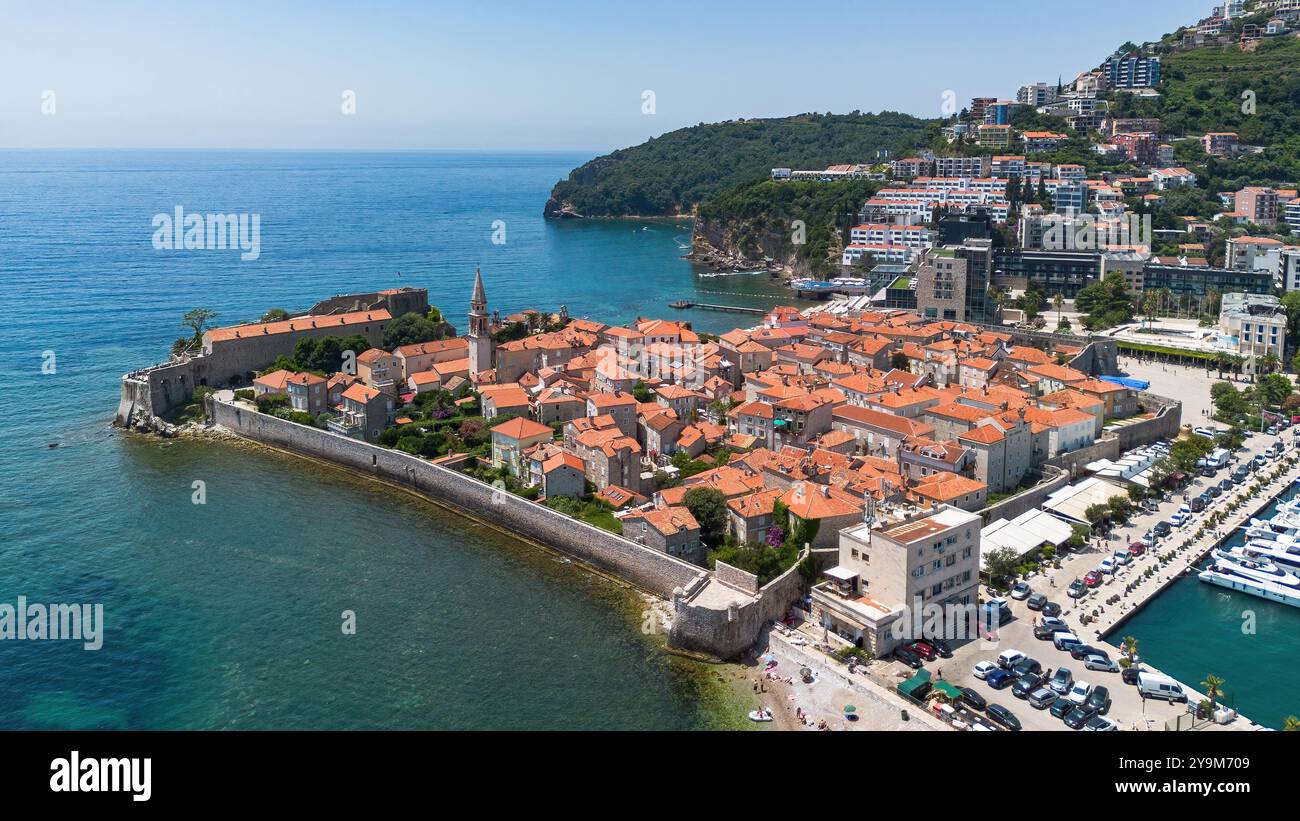 Aerial view of the Old Town of Budva, built on a peninsula along the ...