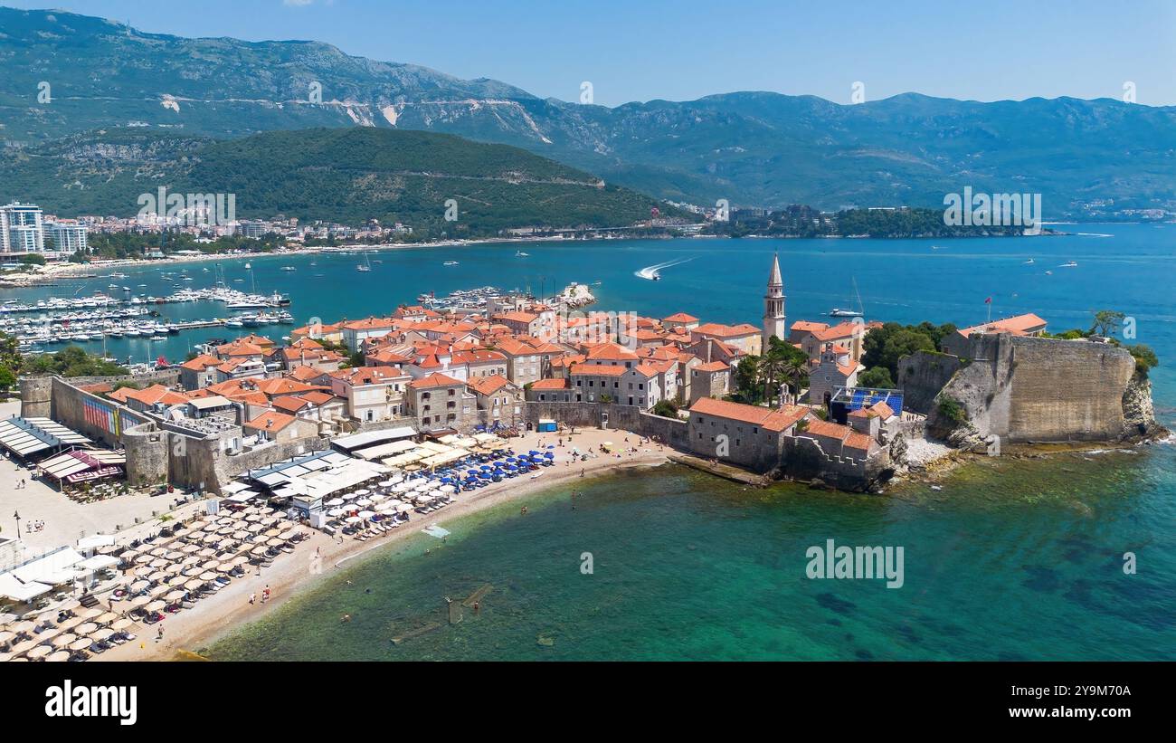 Aerial view of the Old Town of Budva, built on a peninsula along the ...