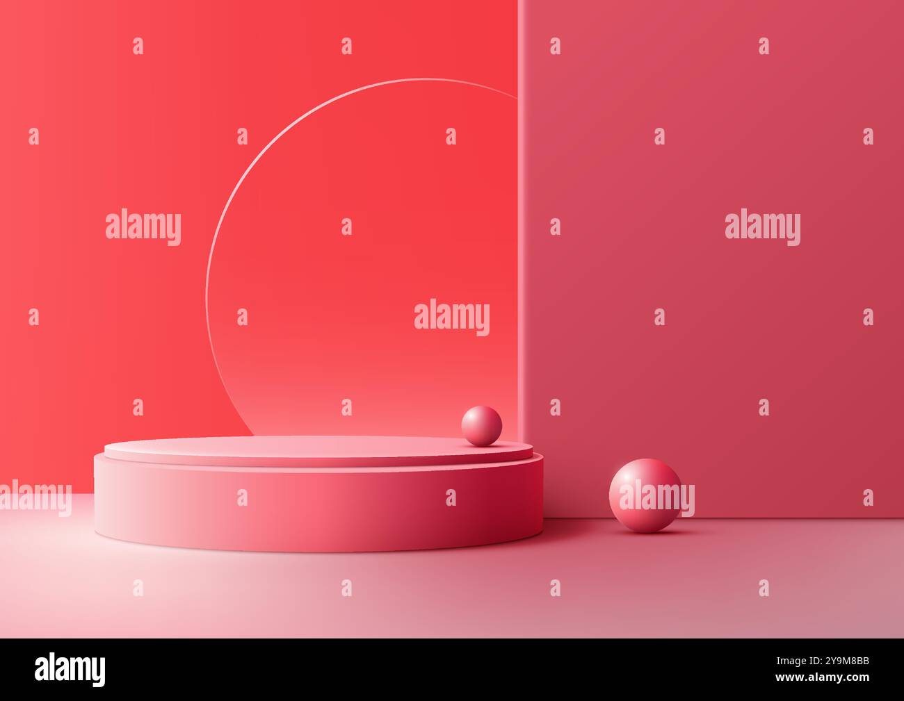 A minimalist pink podium and two spheres on a red background, illuminated by soft, diffused ...