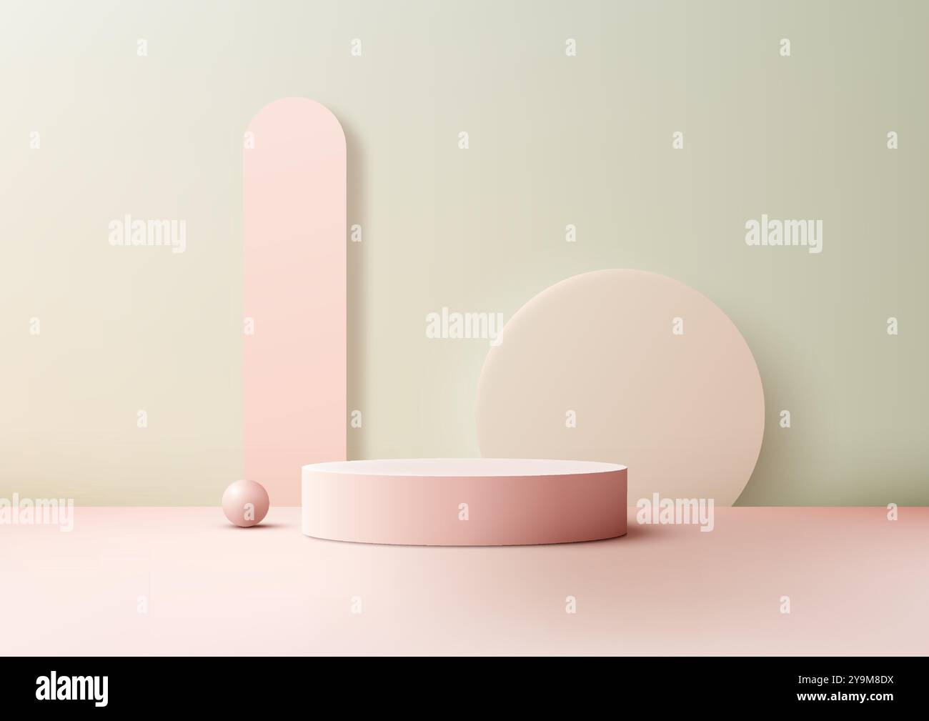 3D pink podium features a sphere and geometric shapes, set on a soft ...