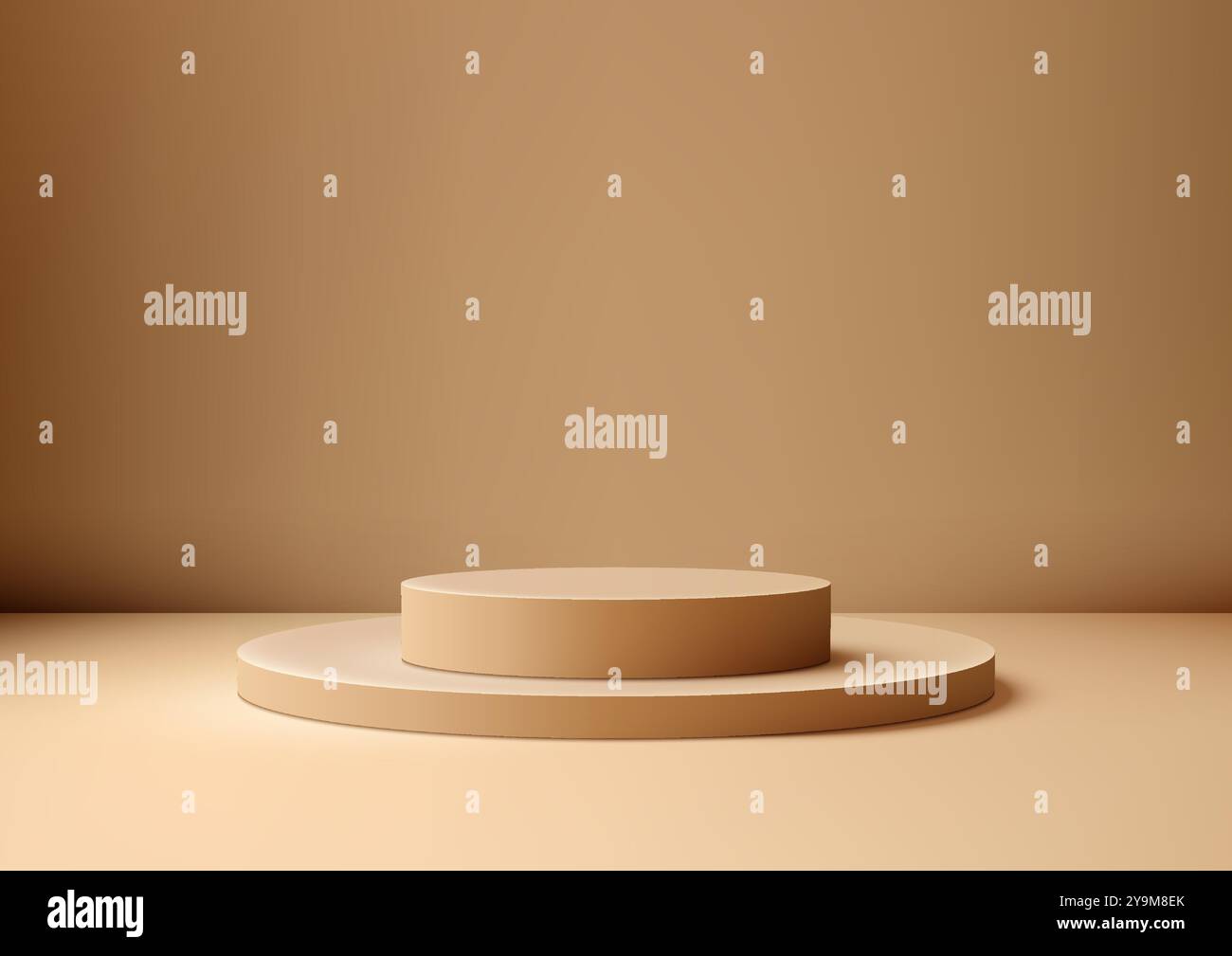 This minimalist display 3D two beige cylindrical podiums in a layered ...