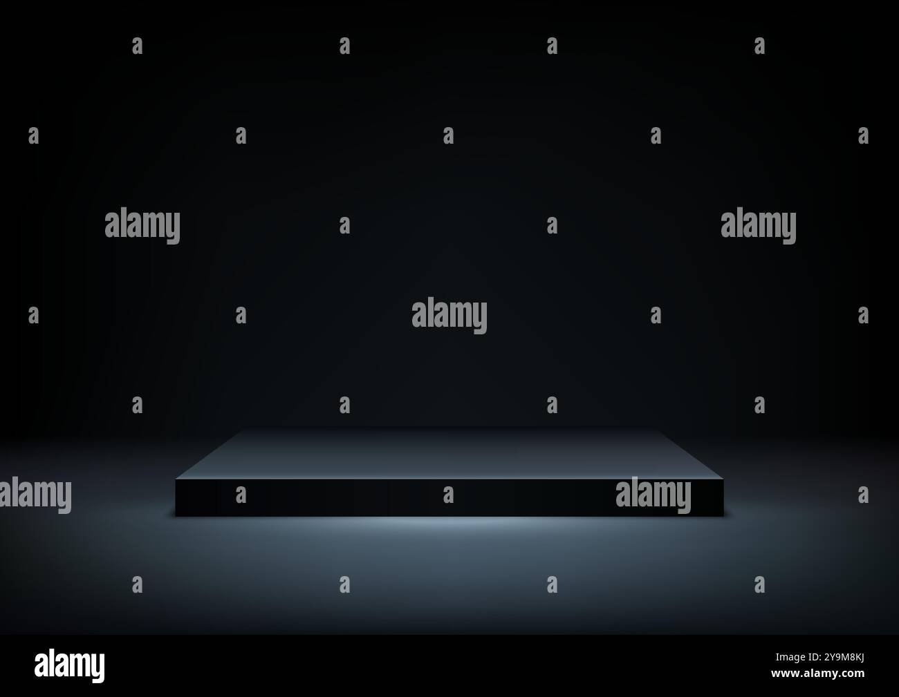 3D black square platform illuminated from below, placed on a dark floor ...