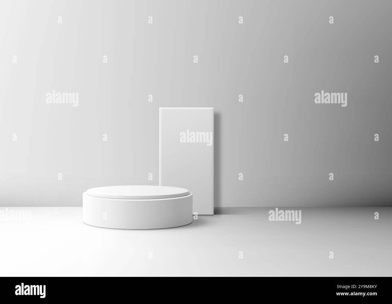 A sleek white 3D cylindrical podium with a rectangular backdrop, placed ...