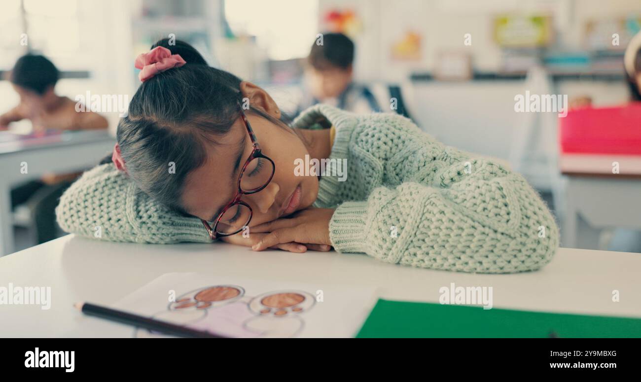 Girl, child and tired with sleeping in classroom with drawing, color ...