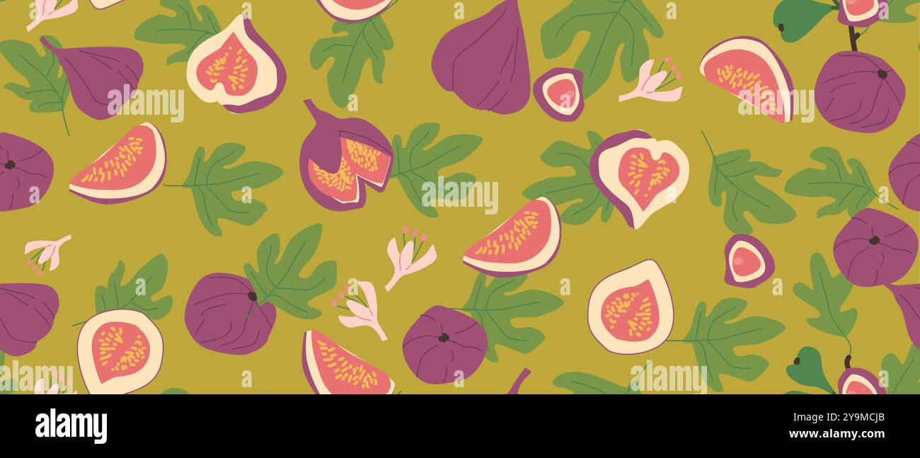 Hand drawn abstract fig pattern with plant parts and sliced food ...
