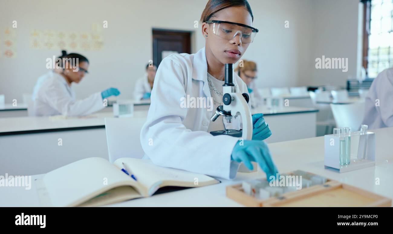 High school, girl and microscope in science classroom for chemistry analysis, sample study and ...