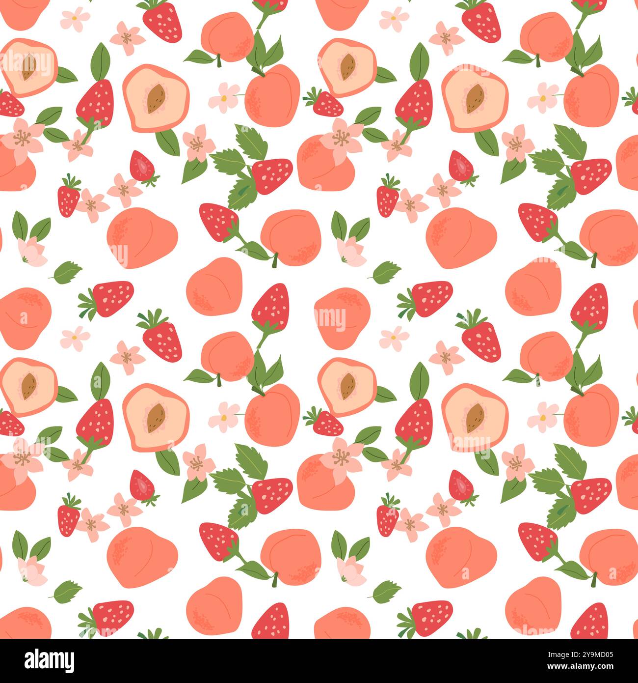 Hand drawn abstract summer strawberry and peach pattern with plant ...