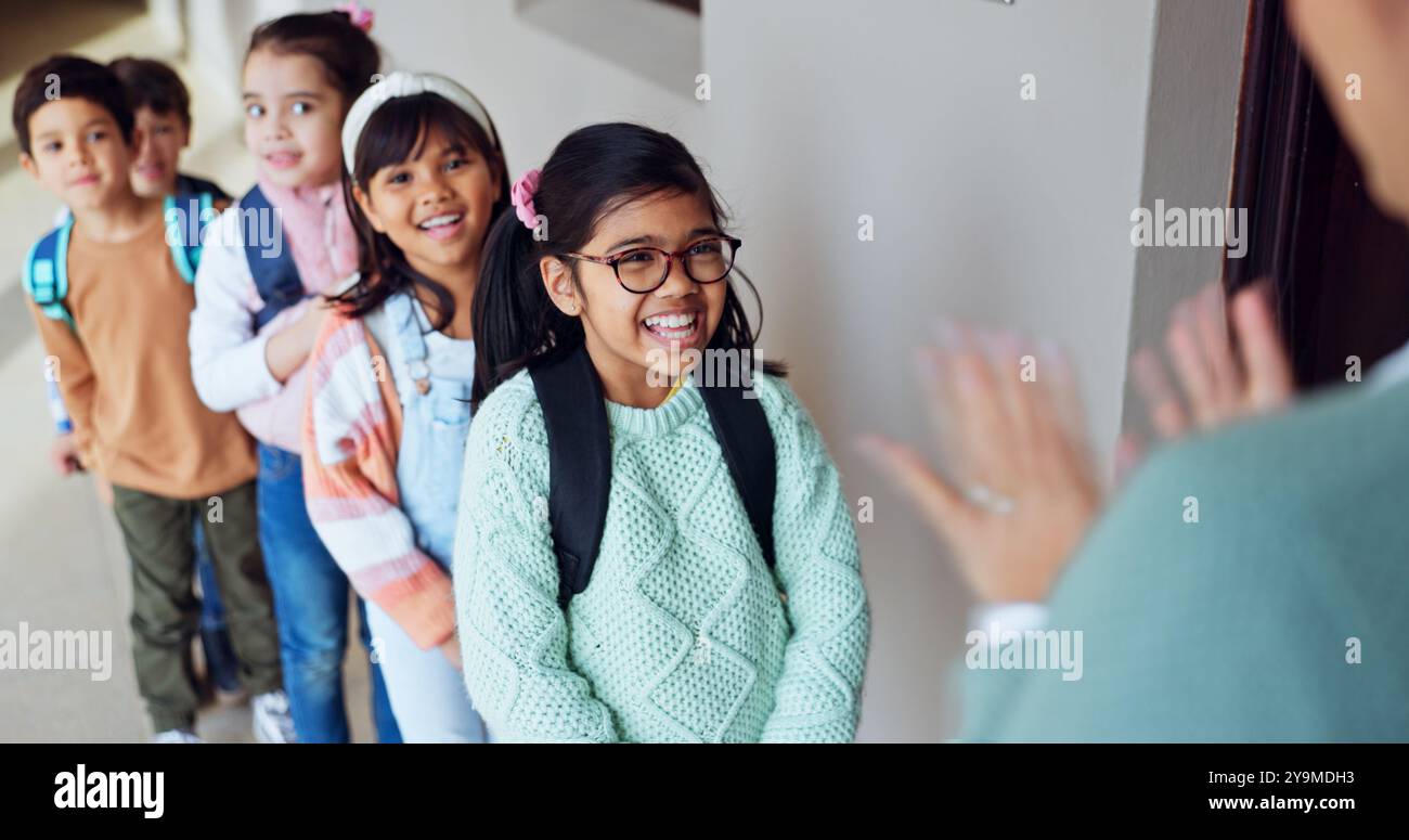 Happy children, teacher and students with line for attendance ...