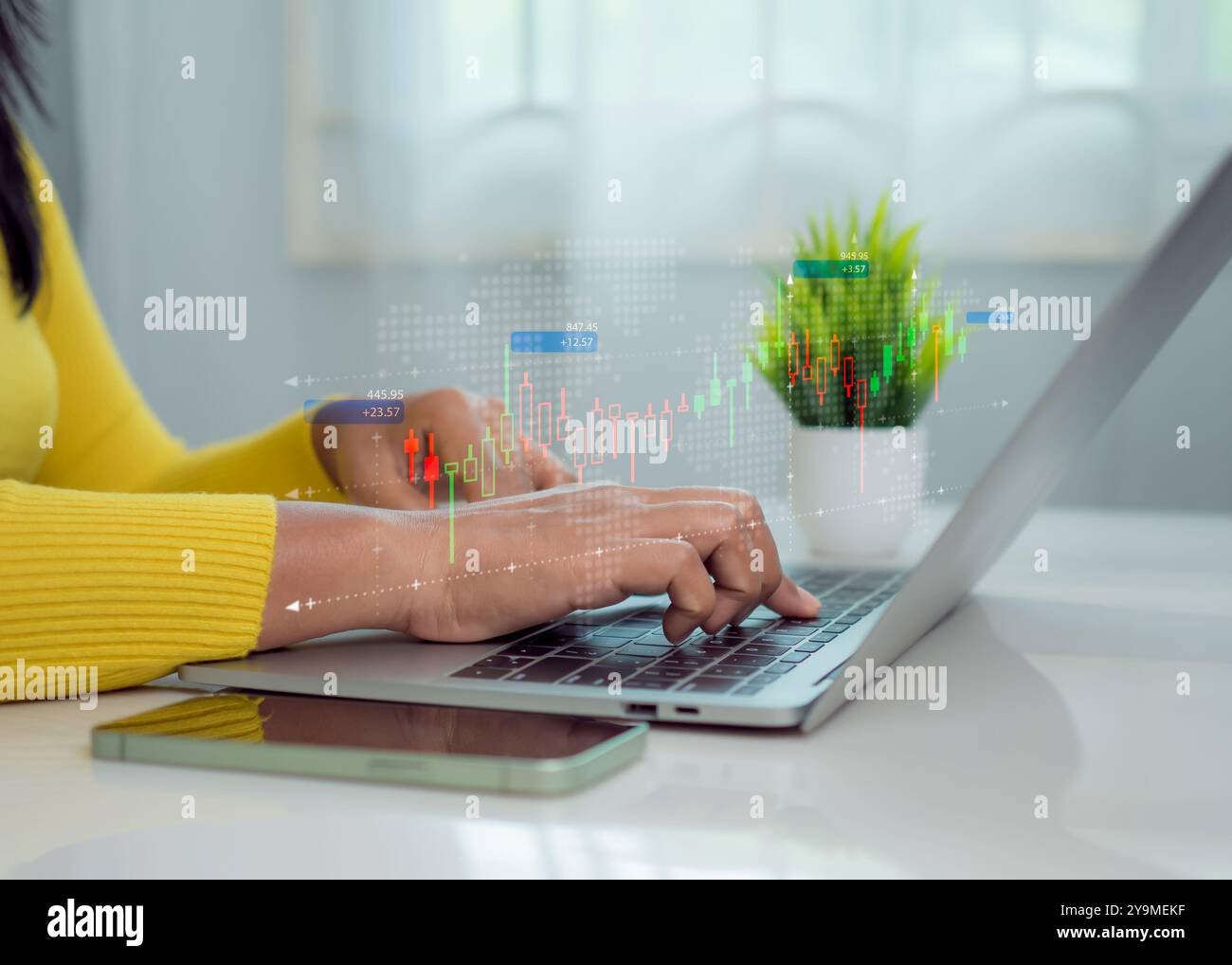 Businesswoman is showing a growing virtual hologram of analytics ...