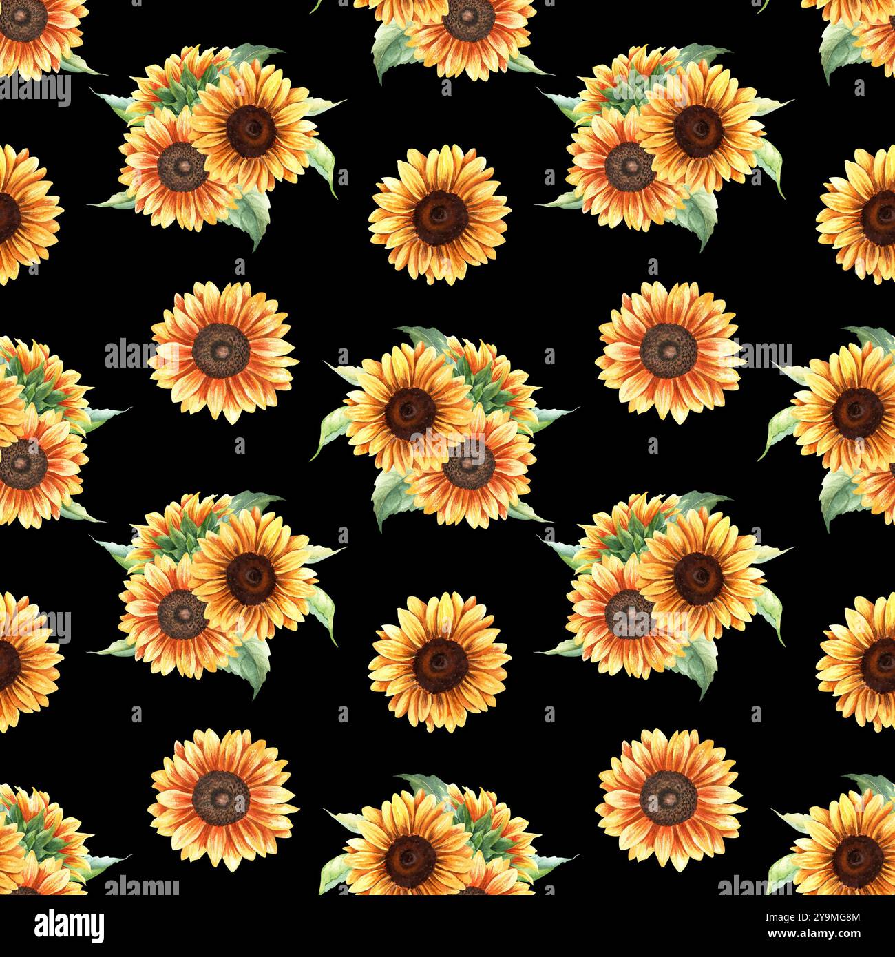 Watercolor repeat, seamless pattern with yellow flowers sunflowers ...