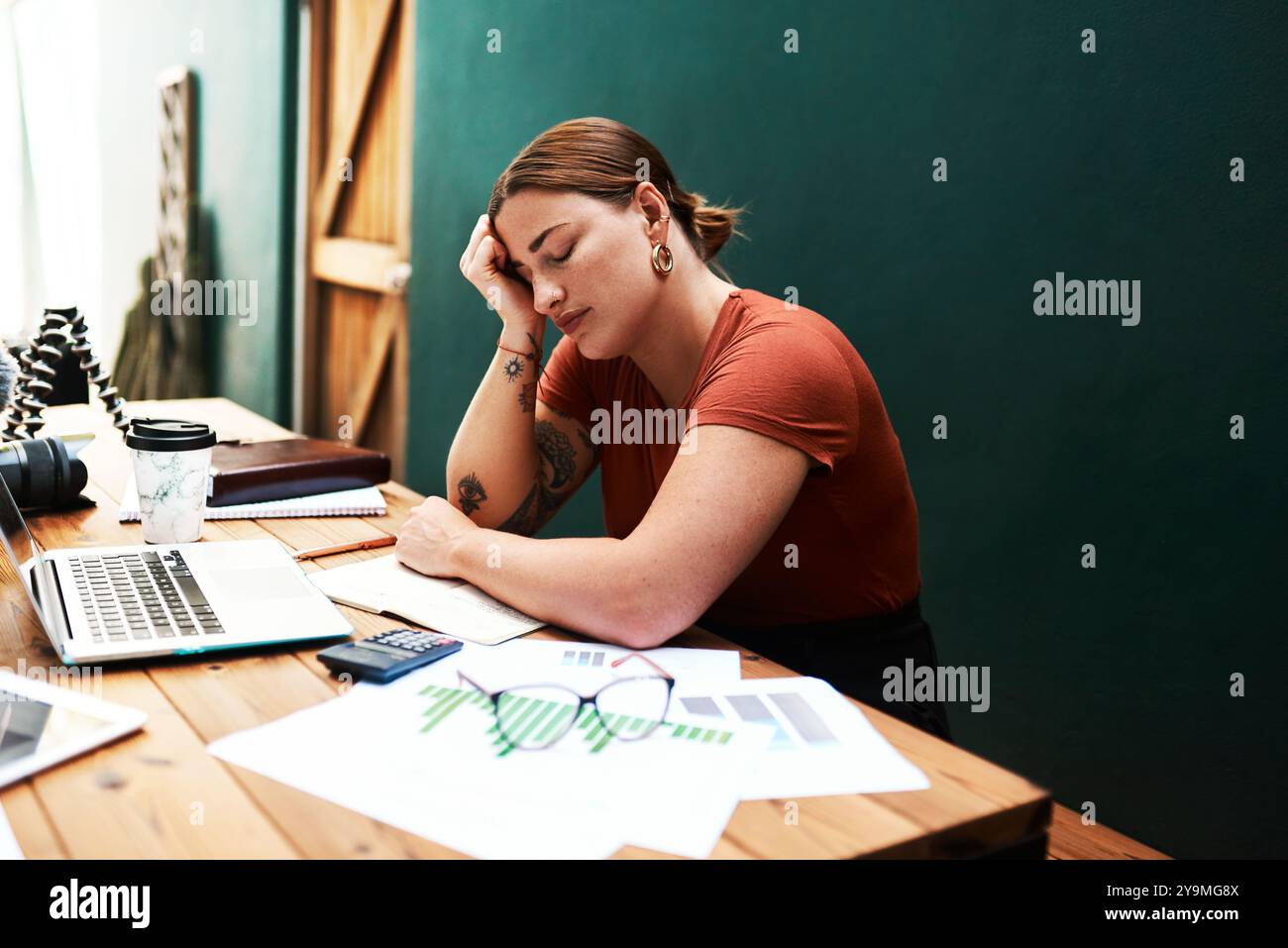 Business, tired and woman with burnout, night and planning of budget ...