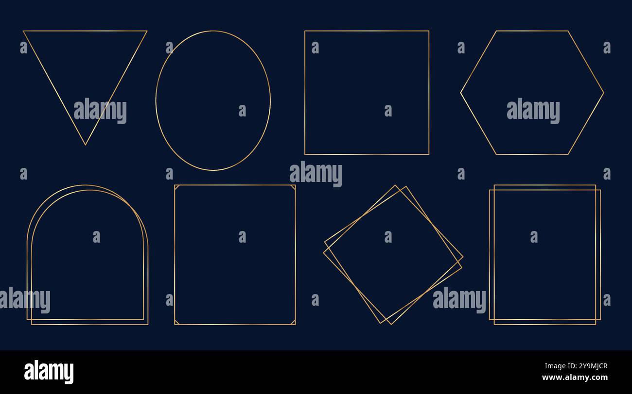 Set of thin gold frames on dark background. Golden geometric borders, decorative elements for ...