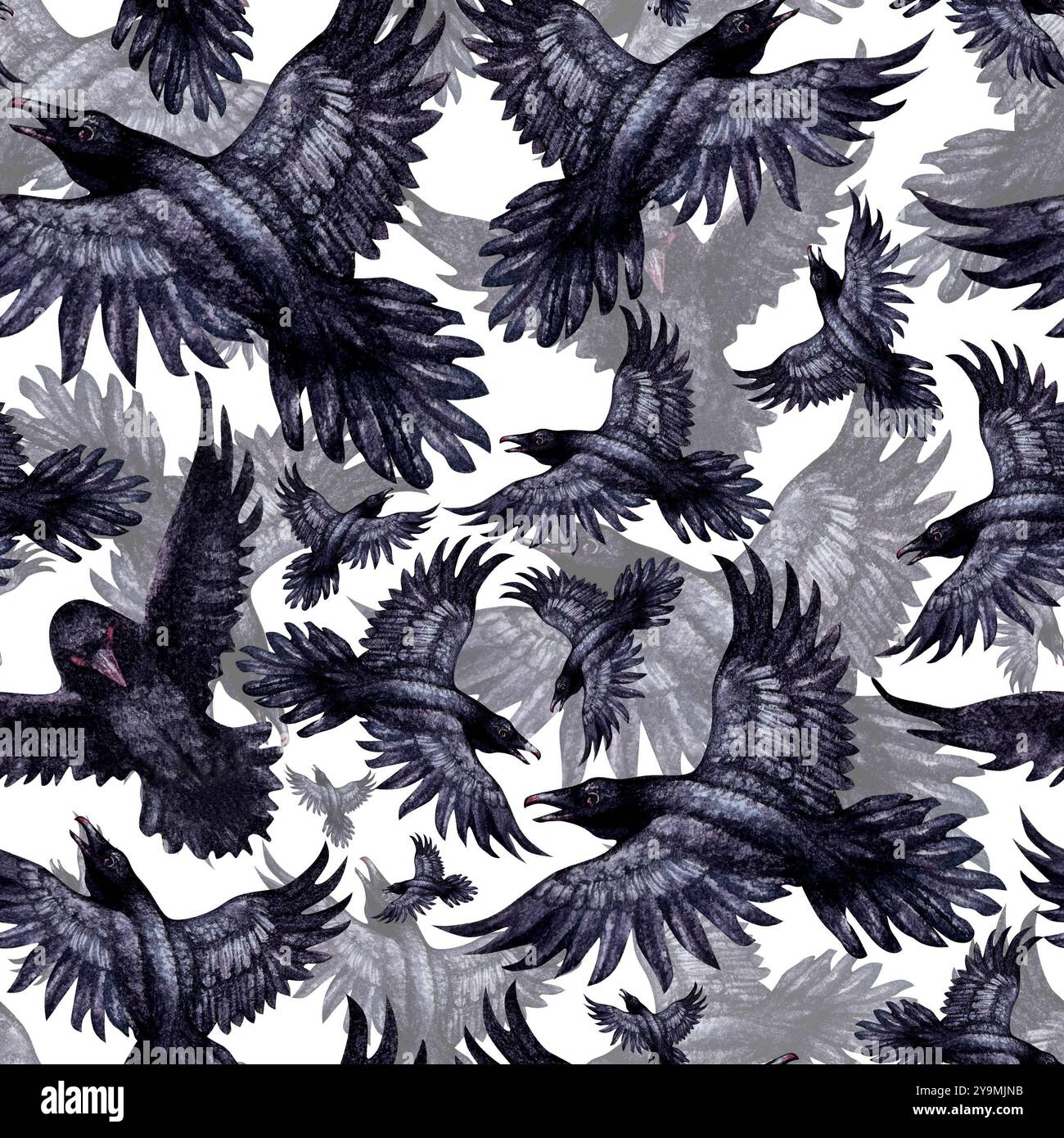 Black ravens with open wings in flight. Watercolor illustration of ...