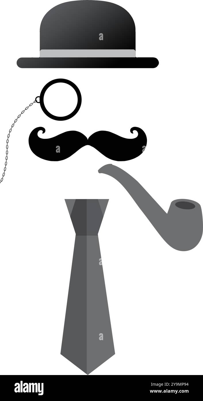 Silhouette of hat, monocle, mustache, pipe and tie on white background ...