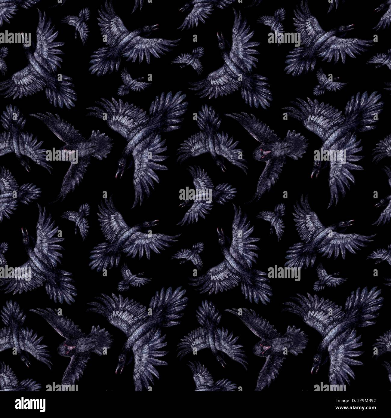 Seamless pattern with black ravens with open wings in flight ...