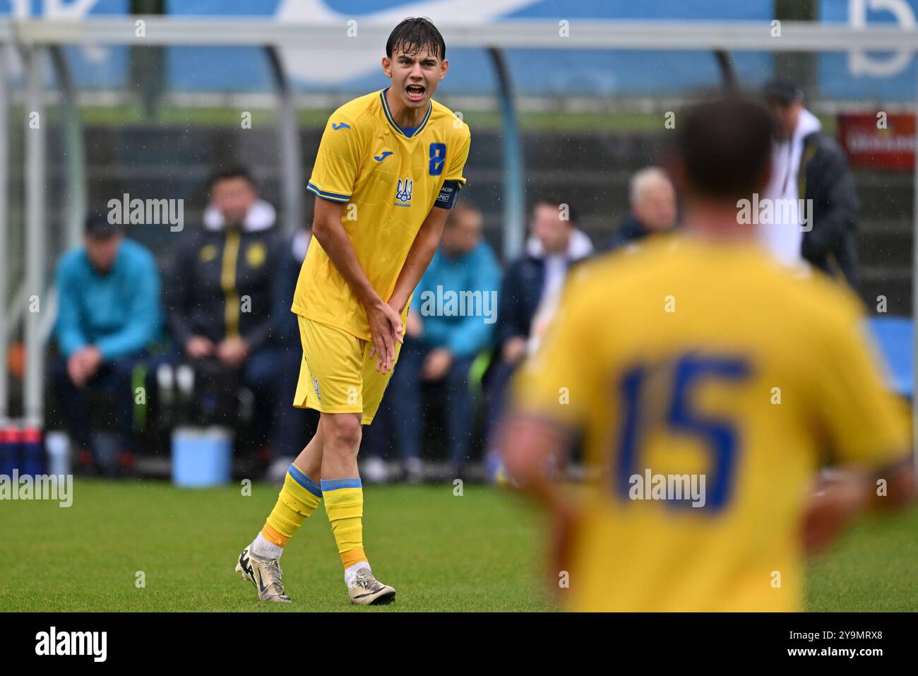 Genk, Belgium. 09th Oct, 2024. Pavlo Liusin (8) of Ukraine celebrates ...