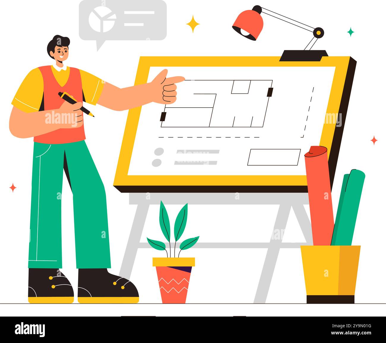 Vector Illustration of a Drafting Engineer or Architect Working on a ...