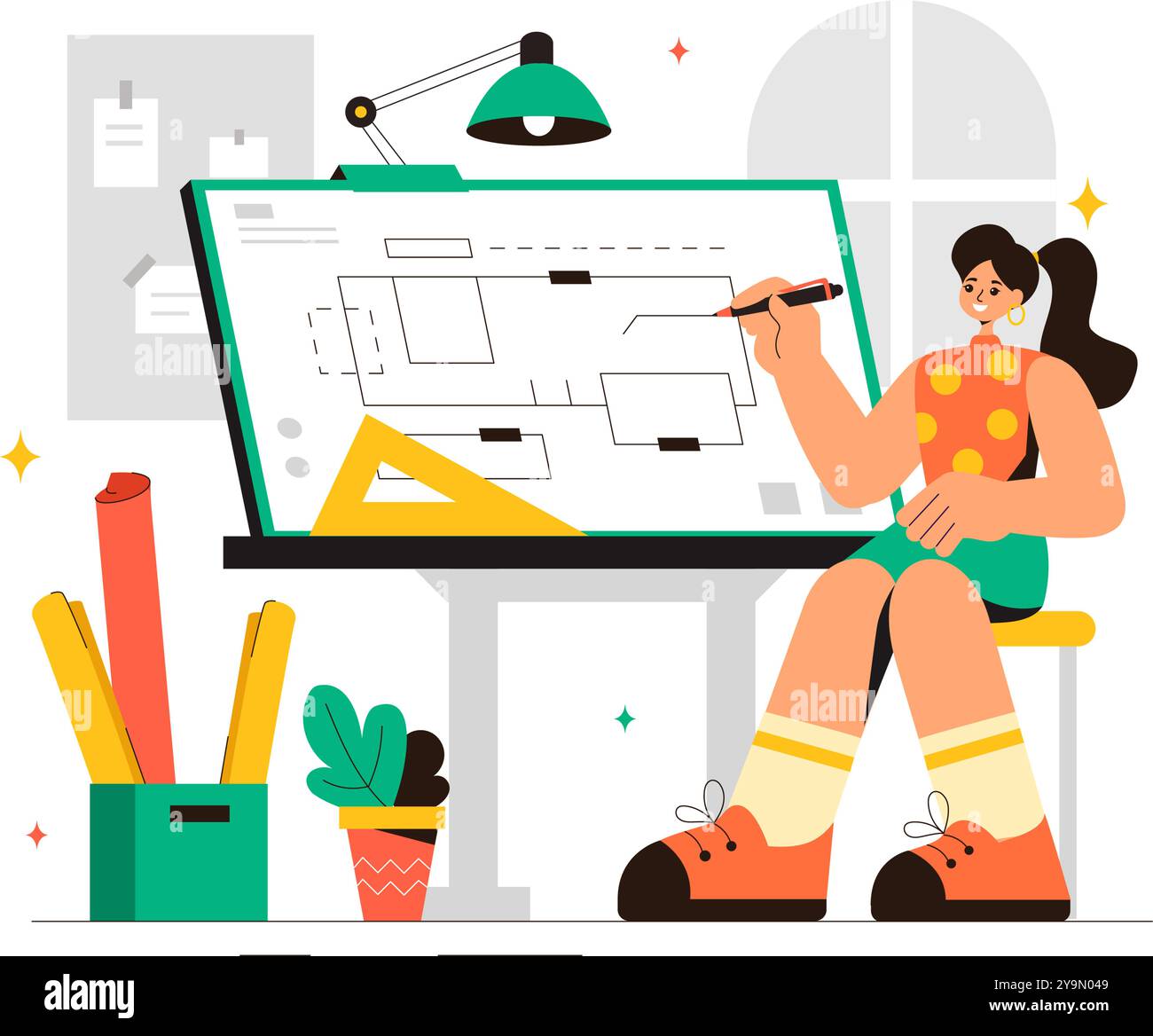 Vector Illustration of a Drafting Engineer or Architect Working on a ...