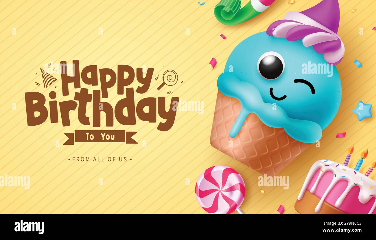 Happy birthday ice cream character vector background design. Birthday ...