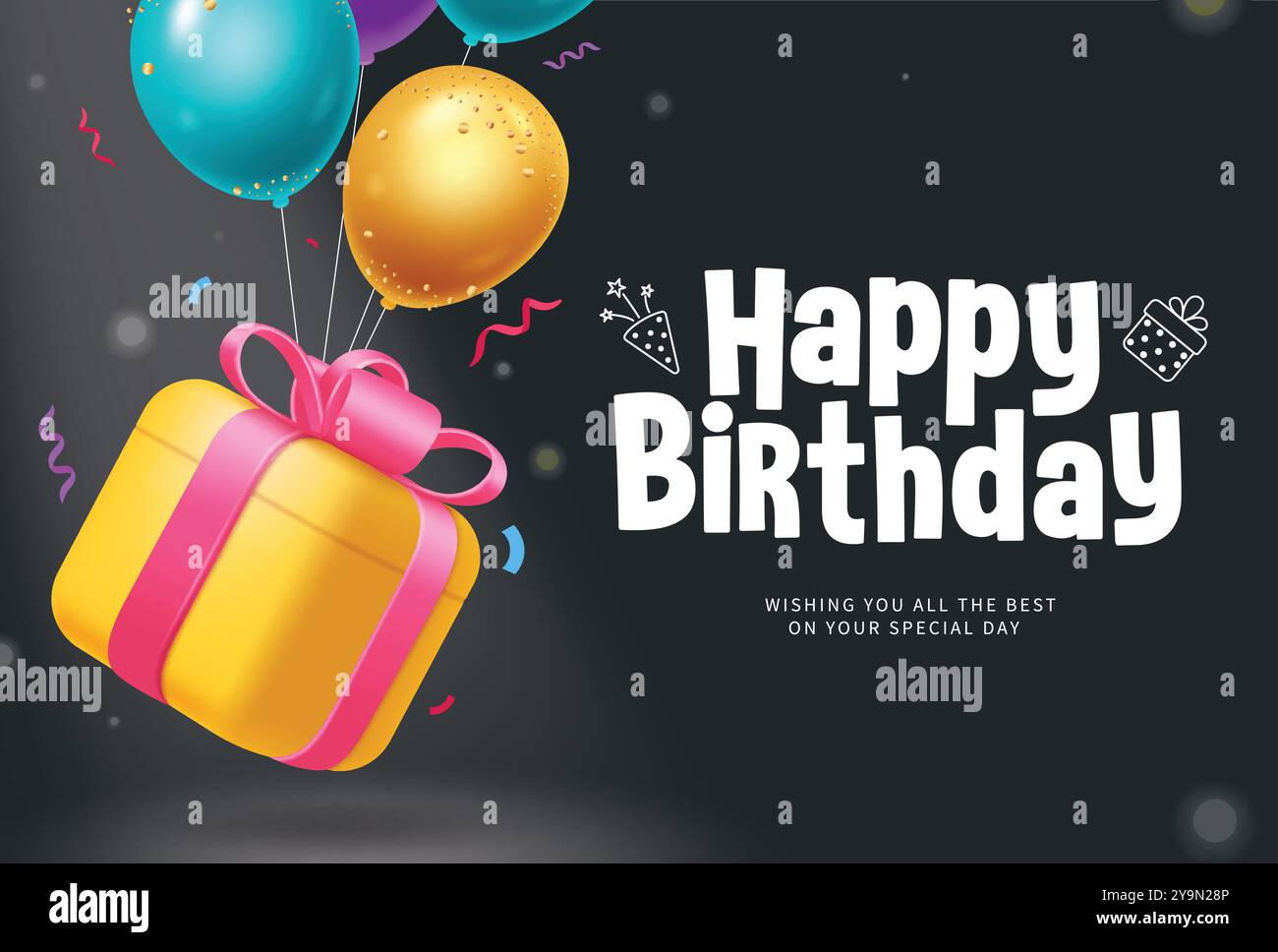 Happy birthday greeting vector template design. Birthday greeting text with yellow gift box and ...