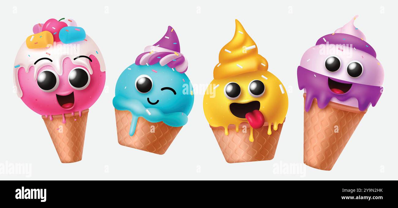 Ice cream character birthday vector set design. Birthday ice cream ...